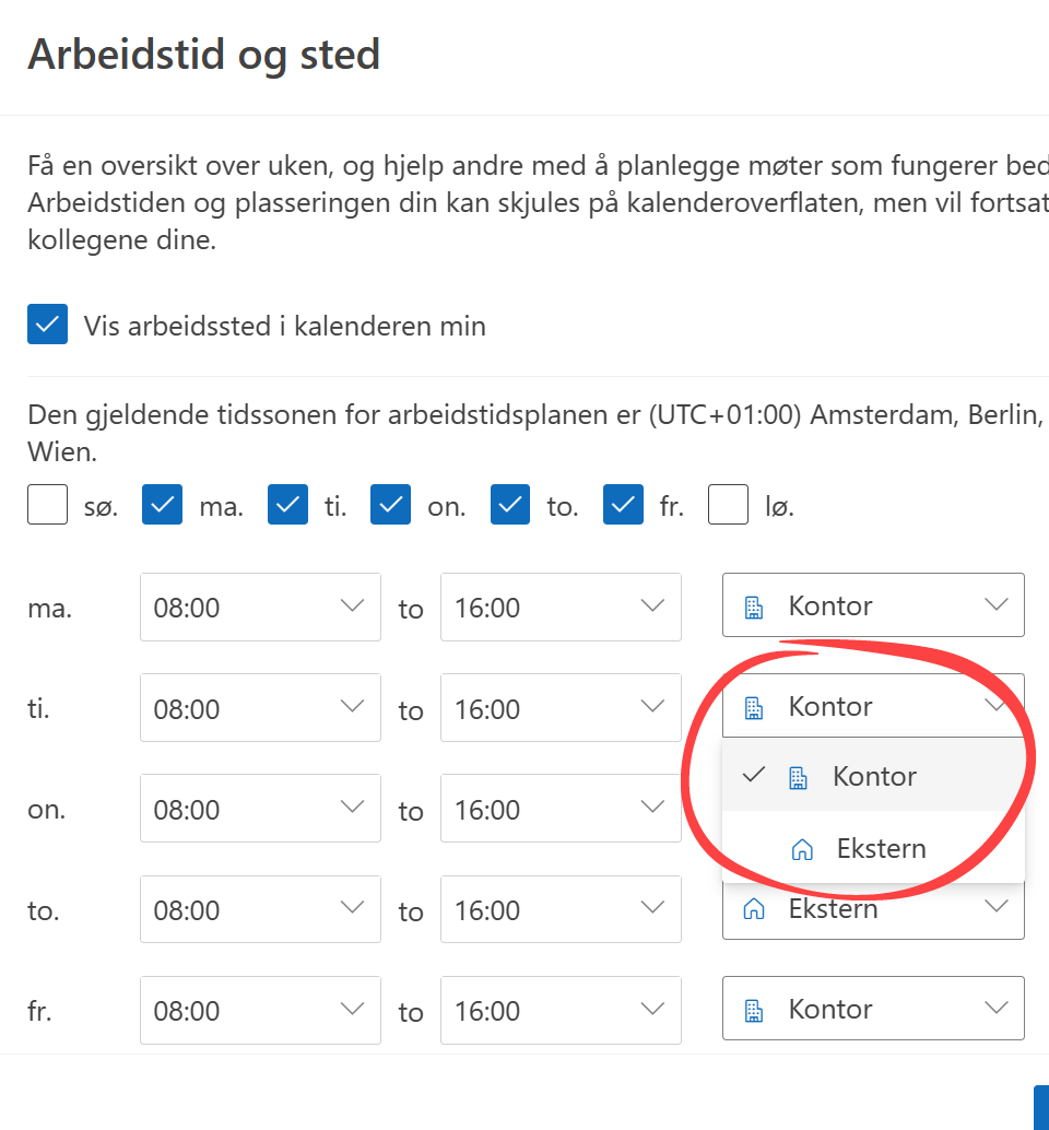 Hvordan lage en plan for arbeidstid og sted i Outlook